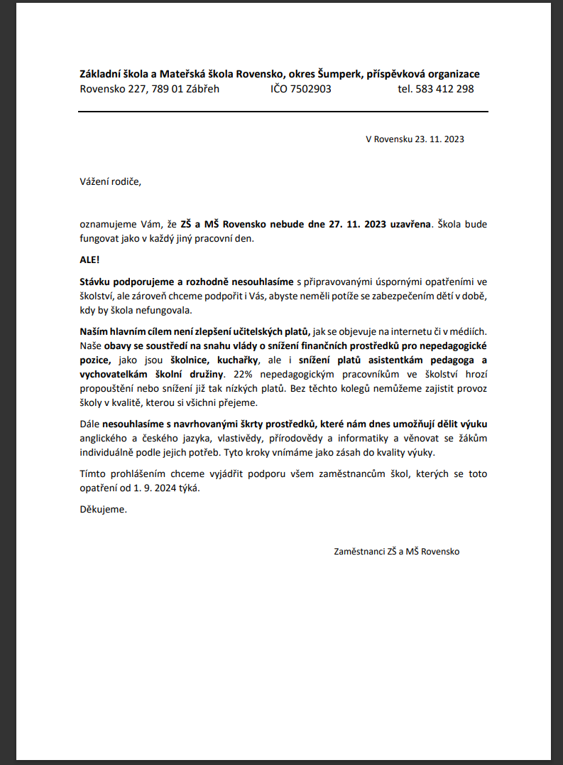 Škola Rovensko - Dopis rodičům